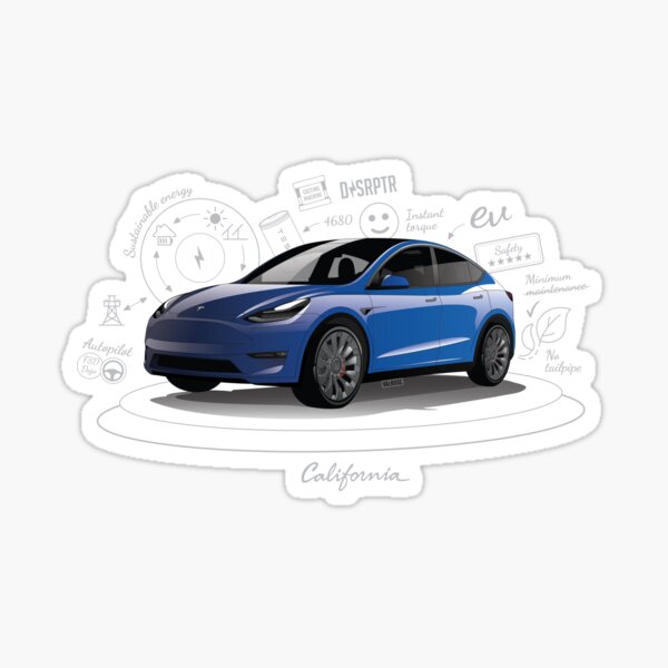 "Tesla Model Y Original Fan Art, serial number: TMY001BLUW" Sticker for ...