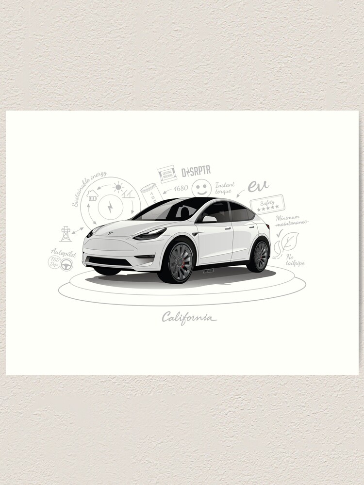 "Tesla Model Y Original Fan Art serial number: TMY001WHIW" Art Print ...