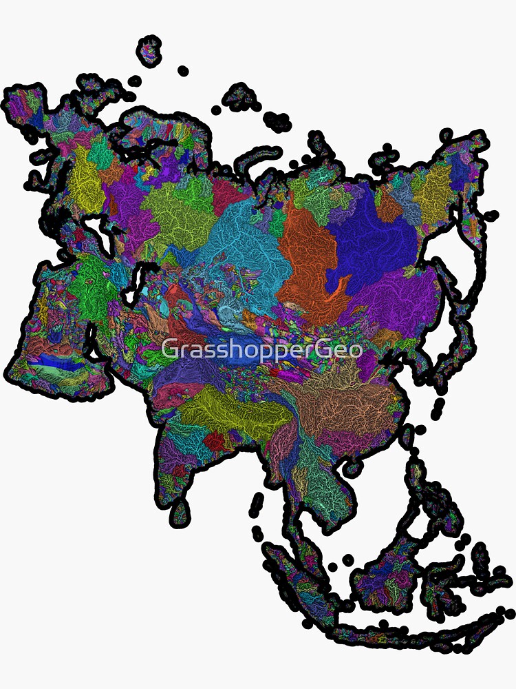 "Eurasia River Basin Map in Rainbow Colours with Black Background ...