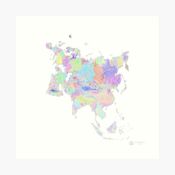 "Eurasia River Basin Map in Rainbow Colours with White Background" Art ...