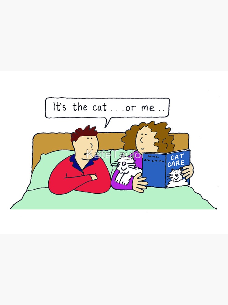 "Me or the Cat Cartoon Couple in Bed with their Pet" Sticker by ...