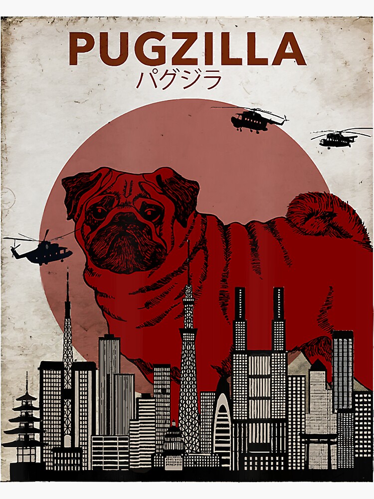 "Pugzilla Movie Poster Style Retro Gift Pug" Sticker for Sale by ...