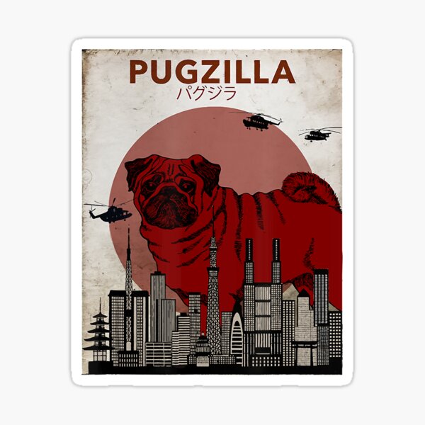 "Pugzilla Movie Poster Style Retro Gift Pug" Sticker for Sale by ...