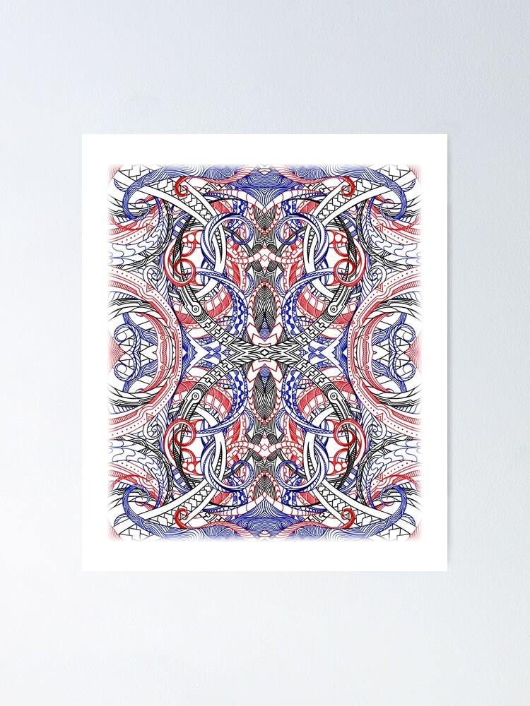 "Hand Drawn Abstract Red White Blue Line Art Doodle" Poster by ...