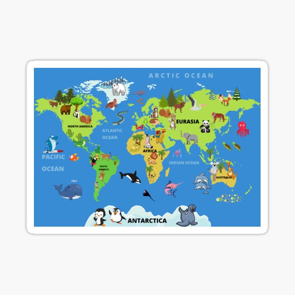 "Map of the world with animals " Sticker for Sale by Chinxi | Redbubble