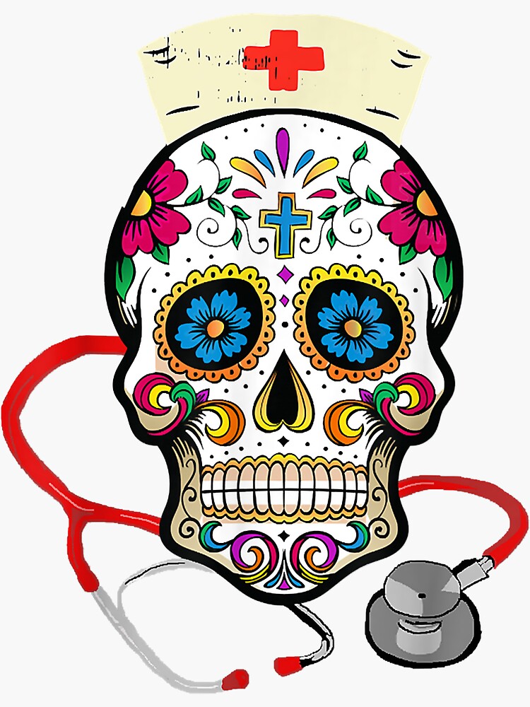 "Nurse Sugar Skull Stethoscope RN Medical Halloween Costume" Sticker ...