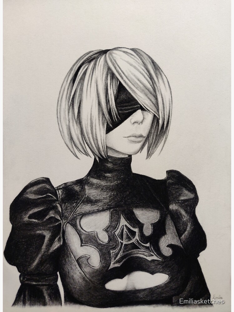 "Charcoal Pencil Sketch of 2B" Sticker by Emiliasketches | Redbubble