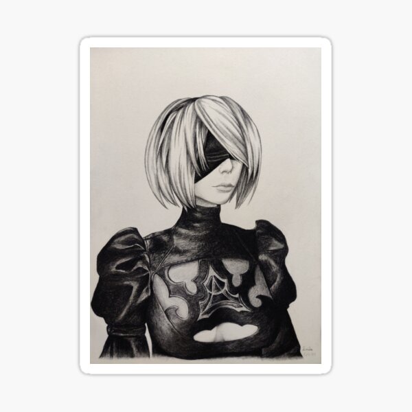 "Charcoal Pencil Sketch of 2B" Sticker for Sale by Emiliasketches ...