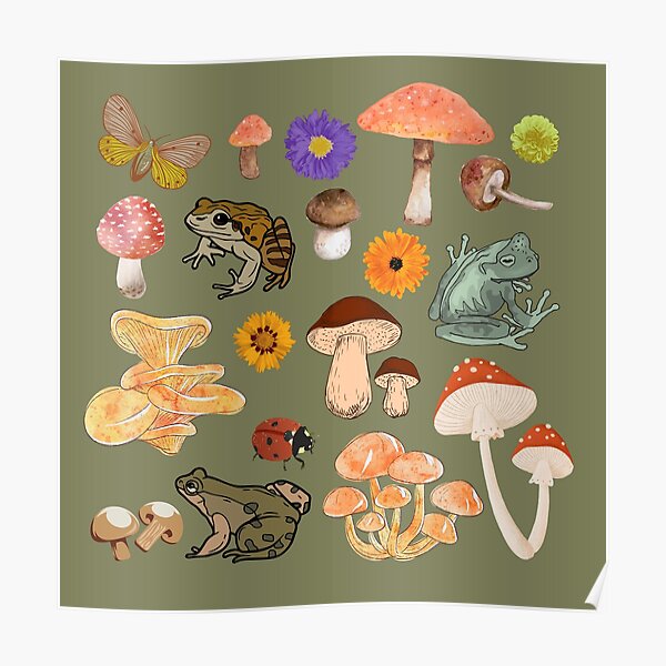 "Cottagecore Flowers, Frogs, Mushrooms, and Floral Pattern Collage ...