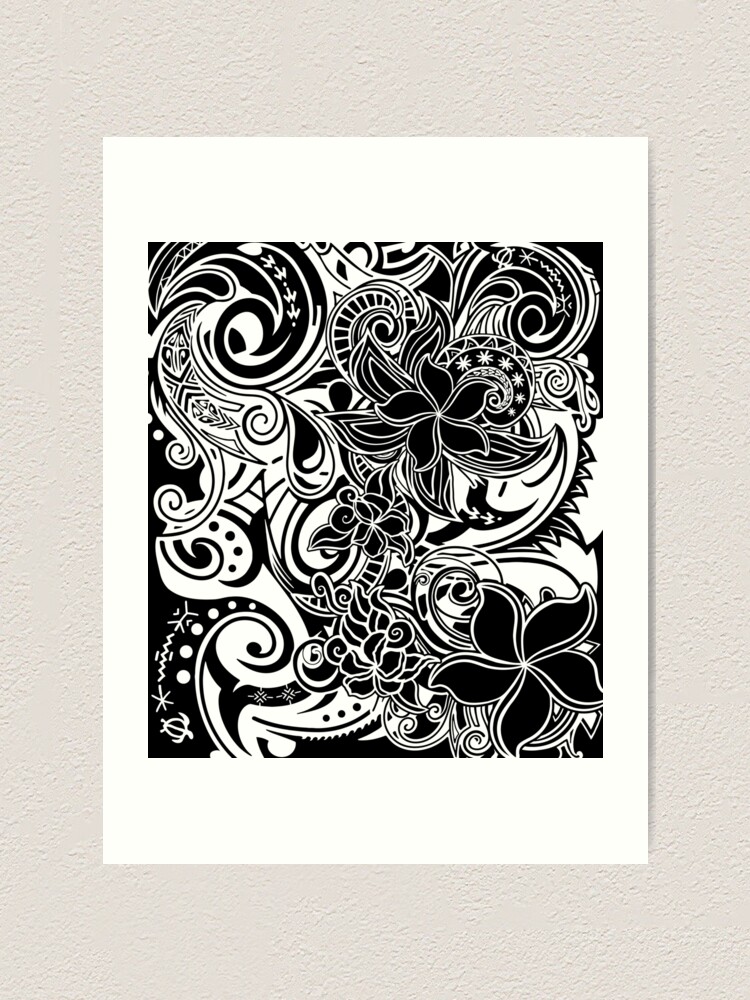 " Hawaiian Black And White Village Design Tiare Print Artboard " Art ...