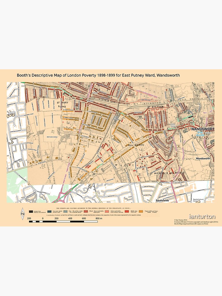 "Booth's Map of London Poverty for East Putney ward, Wandsworth" Poster ...