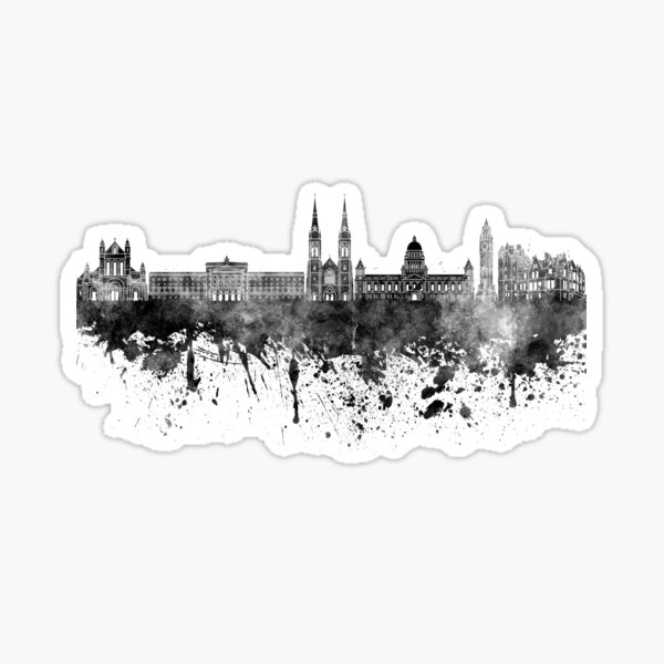 "Belfast skyline in black watercolor on white background" Sticker for ...