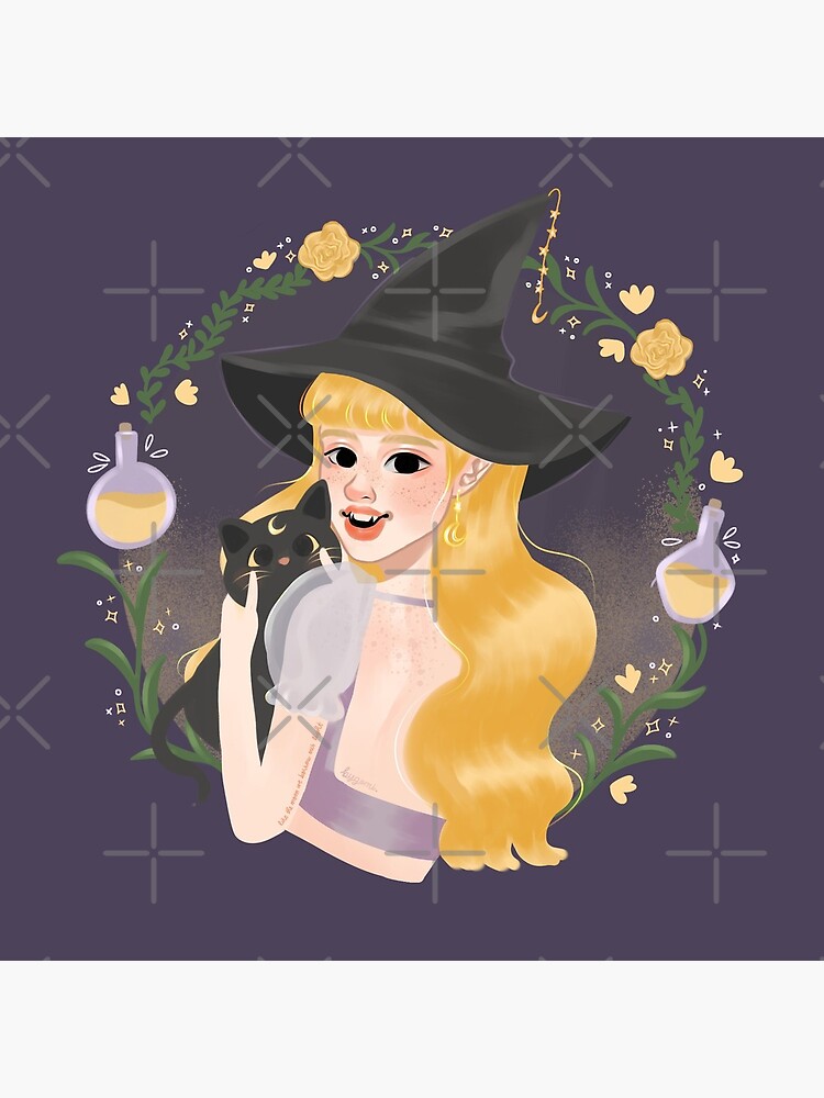 Lámina fotográfica «Bruja de la luna con gato negro, pociones y hierbas ...