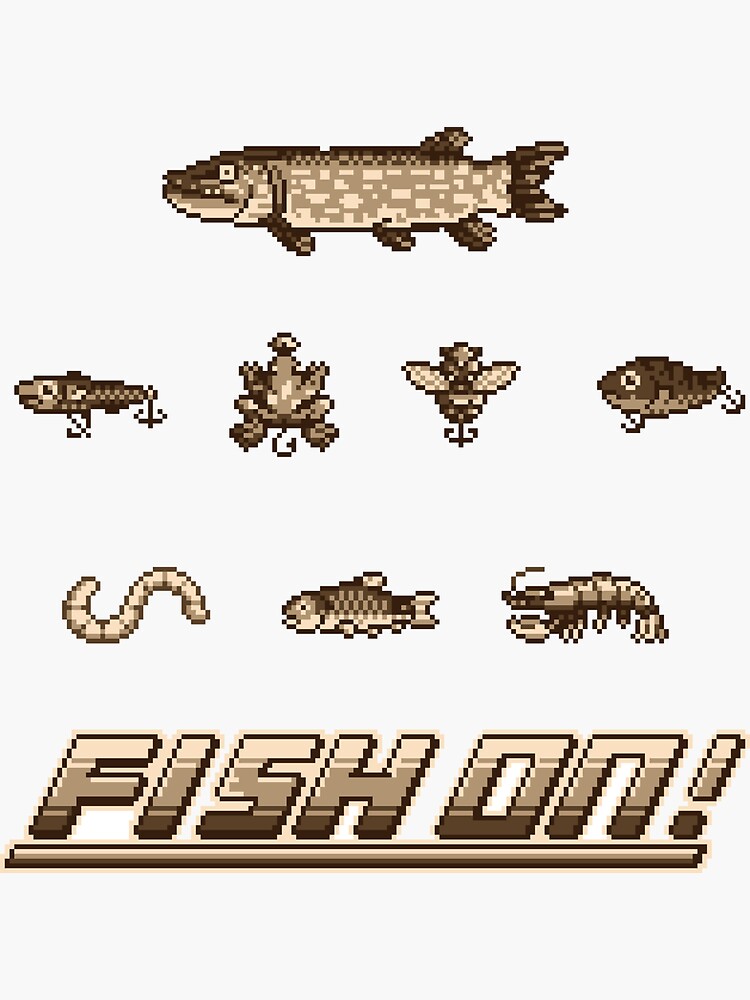 "Pixel Fishing Sprites" Sticker by Gameboydemakes | Redbubble