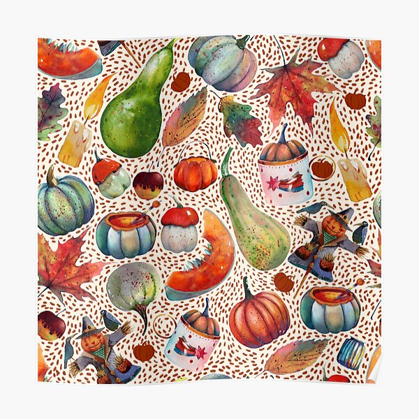 Póster «Calabazas, hojas, velas, manzanas, espantapájaros. Dibujado a ...