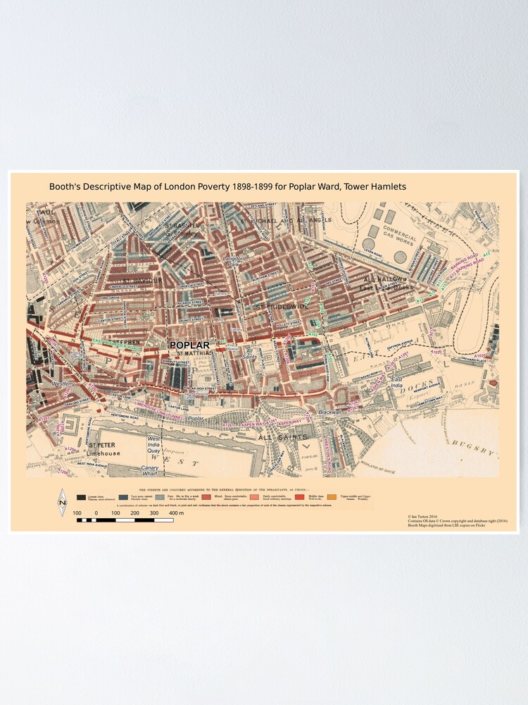 "Booth's Map of London Poverty for Poplar ward, Tower Hamlets" Poster ...