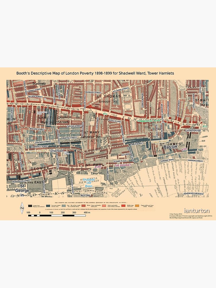 "Booth's Map of London Poverty for Shadwell ward, Tower Hamlets" Poster ...