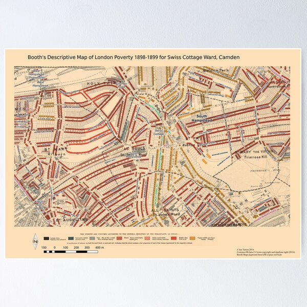 "Booth's Map of London Poverty for Swiss Cottage ward, Camden" Poster ...
