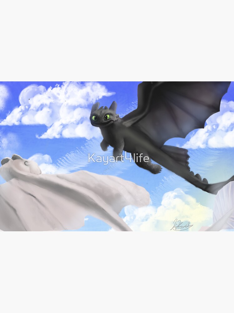 "Toothless and Lightfury Flying in blue sky and clouds" Sticker for ...