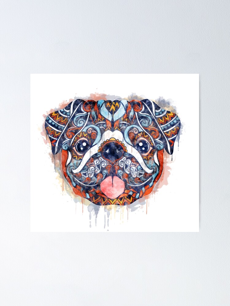 Póster «Mandala De Pug De Acuarela, Pintura De Sonriente De Perro Pug ...