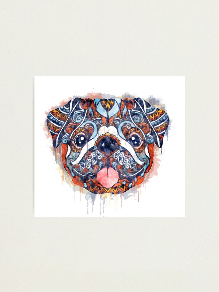 Lámina fotográfica «Mandala De Pug De Acuarela, Pintura De Sonriente De ...