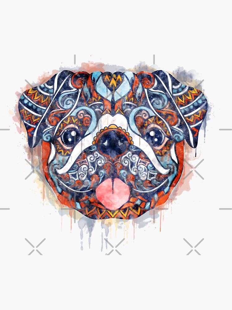 Pegatina «Mandala De Pug De Acuarela, Pintura De Sonriente De Perro Pug ...