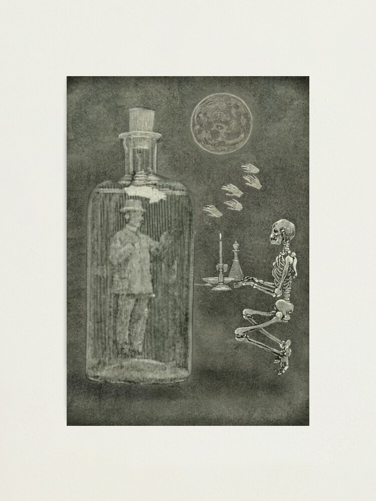 "Man In A Bottle With A Skeleton, Hands Clapping And Full Moon, Quirky ...