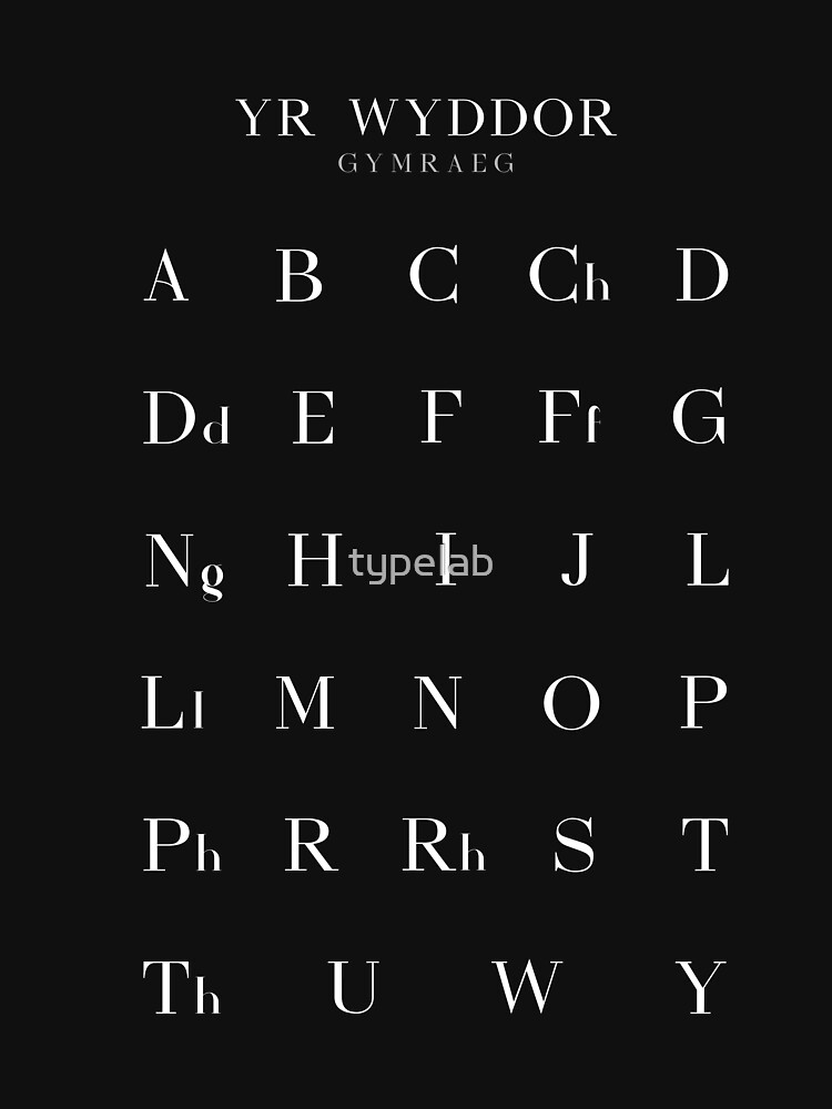 "Welsh Alphabet Chart, Yr Wyddor Gymraeg Language Chart, Black" T-shirt ...