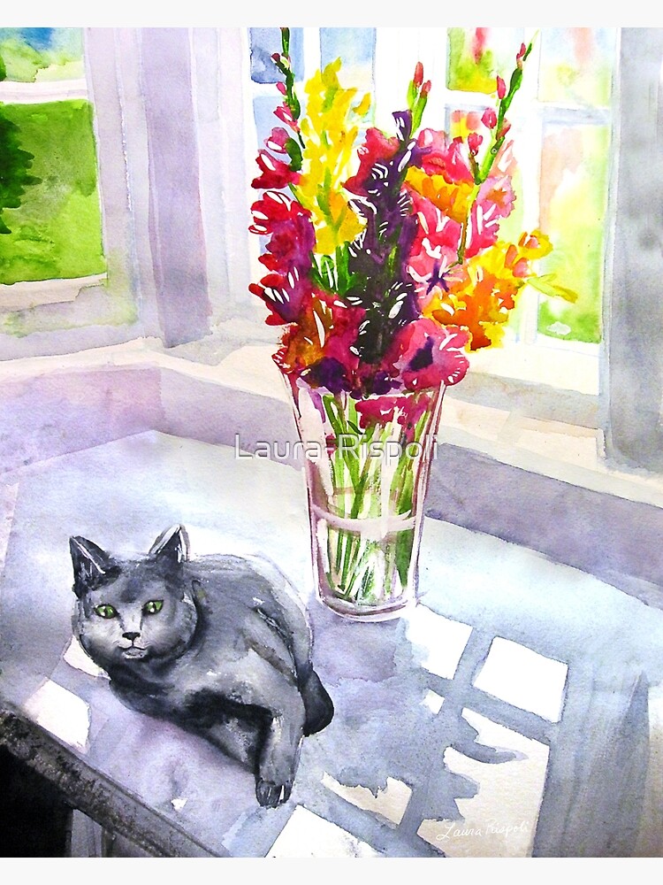 Póster «Pintura de acuarela de Laura Rispoli Cat y Gladiolus by the ...