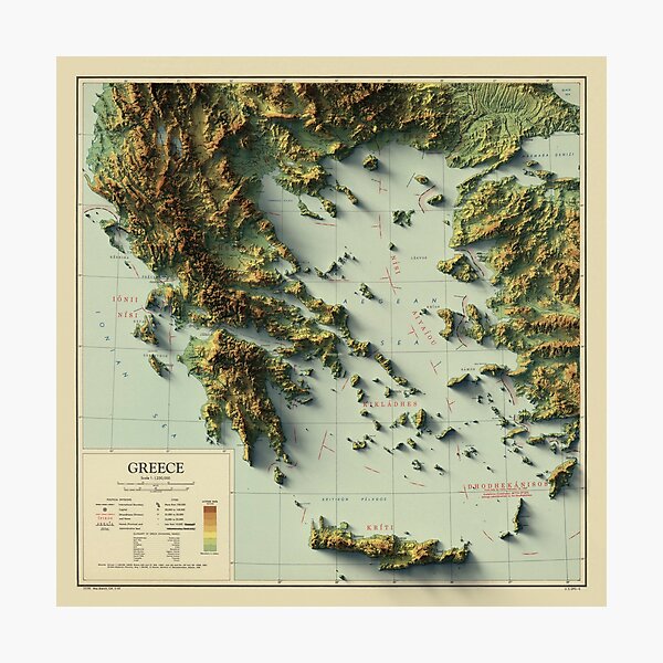 "1948 Greece Relief Map 3D digitally-rendered" Photographic Print by ...