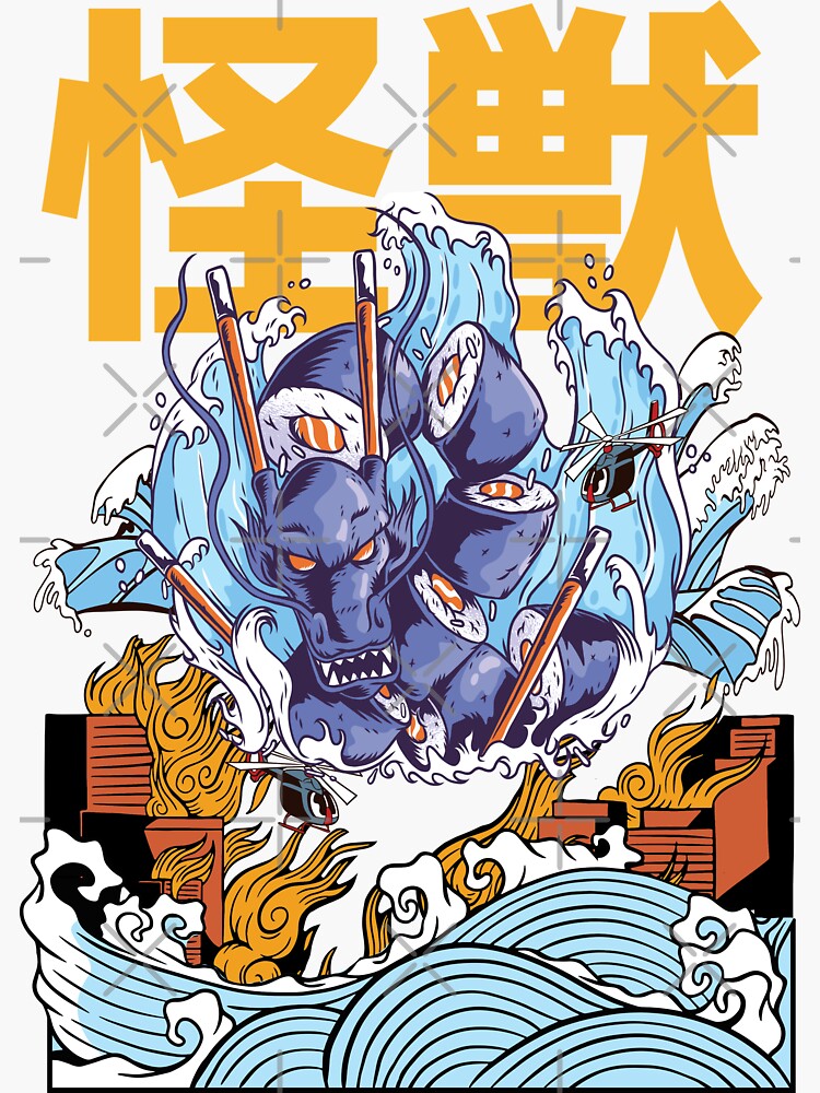 "Japanese sushi great wave dragon kaiju " Sticker for Sale by ...