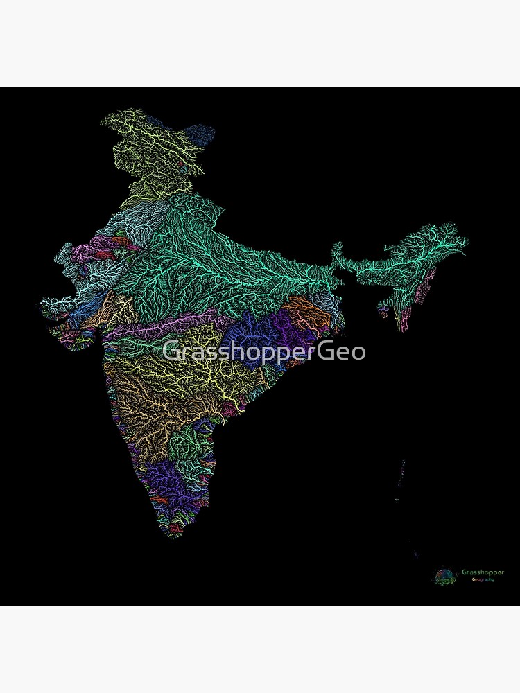 "India River Basin Map in Rainbow Colours with Black Background" Poster ...