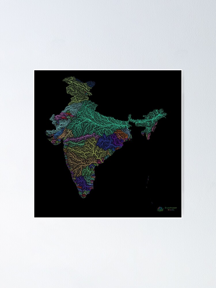 "India River Basin Map in Rainbow Colours with Black Background" Poster ...