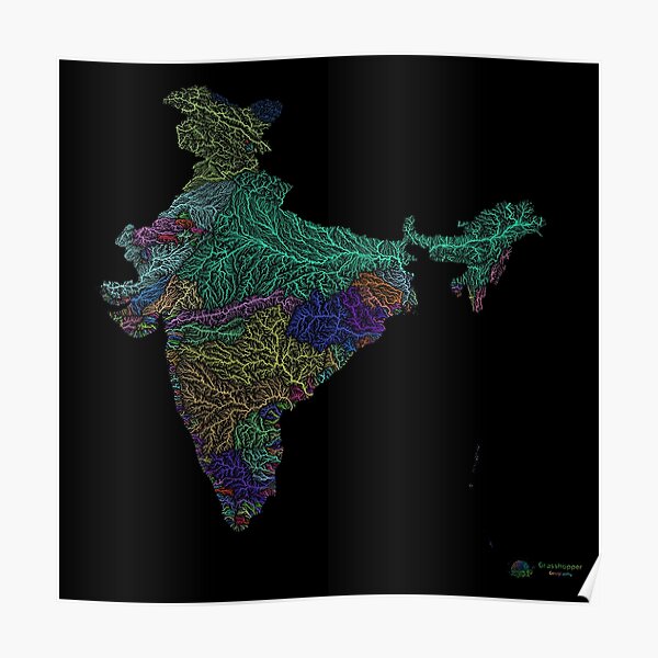 "India River Basin Map in Rainbow Colours with Black Background" Poster ...