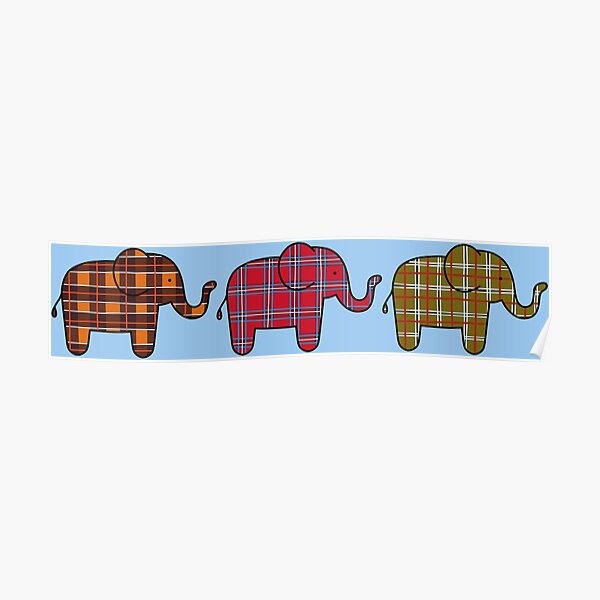 "Three cute elephants with red, orange and green plaid" Poster for Sale ...