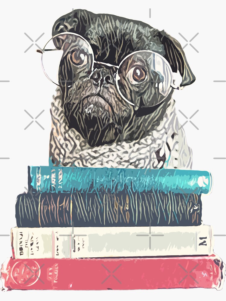 "Reading books with Pug" Sticker for Sale by TinusCartoons | Redbubble