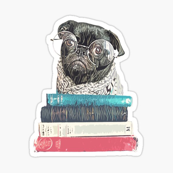 "Reading books with Pug" Sticker for Sale by TinusCartoons | Redbubble