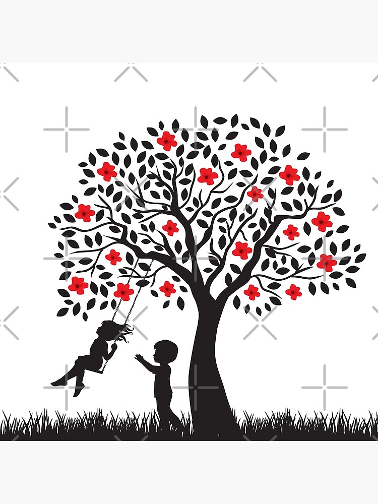 "Girl Swing On Tree, Cute Boy and Girl Pushing a Swing under a Red ...