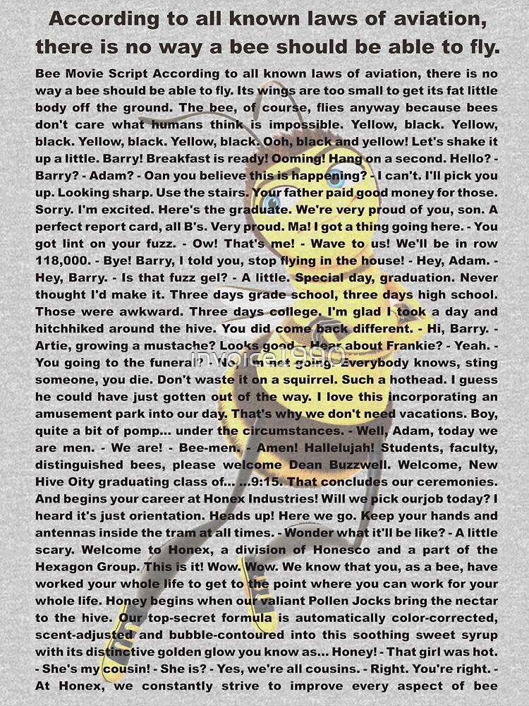 "bee movies script" T-shirt for Sale by invoice1990 | Redbubble | bee t ...