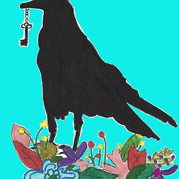 "Oooh Shiny Raven Holding a Key Standing on a Bed of Flowers" Sticker ...
