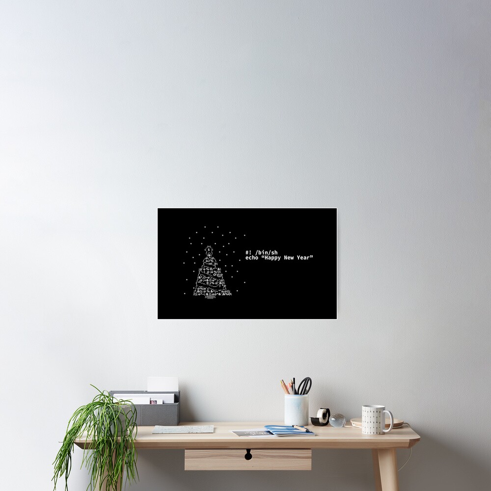 Poster « Bonne année Ascii arbre de Noël et script shell - programmeur ...