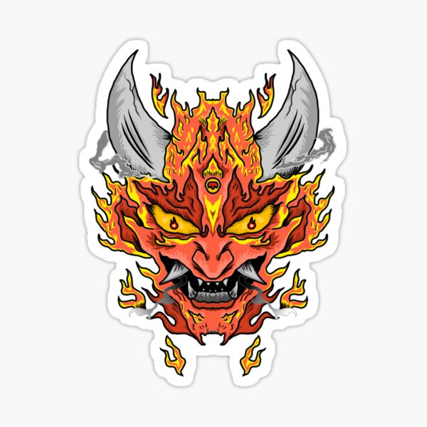"a demon face with fire in colorful illustration" Sticker by Swedi ...