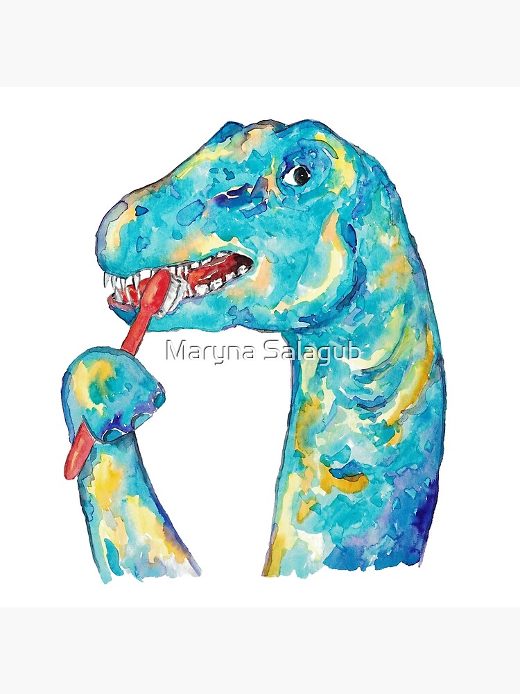 "Brontosaurus brushing teeth dinosaur painting watercolour" Poster for ...