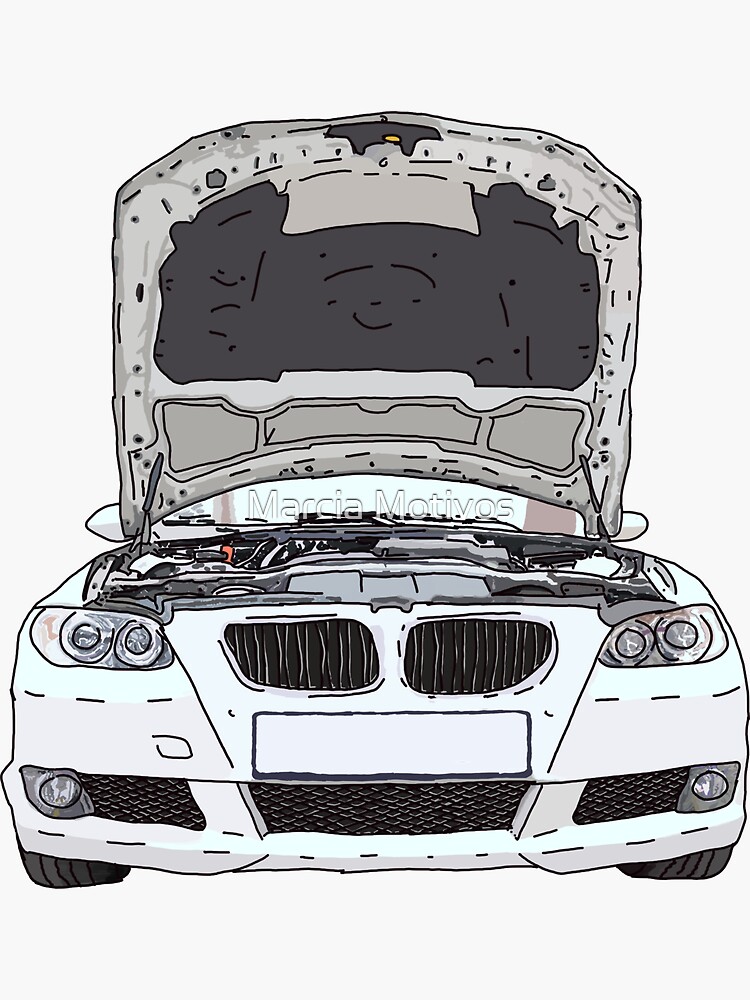"White car Open hood Hand drawing" Sticker by Marcia-Motivos | Redbubble