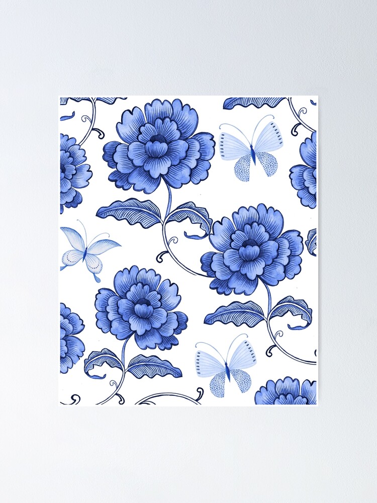 "White & Blue Willow Blue Chinoiserie Floral Ancient Design " Poster by ...