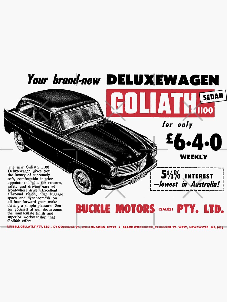 "GOLIATH CARS - ADVERT" Sticker for Sale by ThrowbackMotors | Redbubble