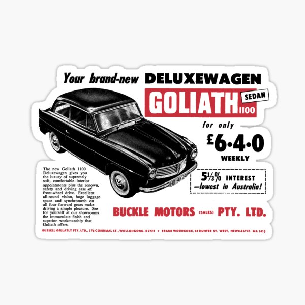"GOLIATH CARS - ADVERT" Sticker for Sale by ThrowbackMotors | Redbubble