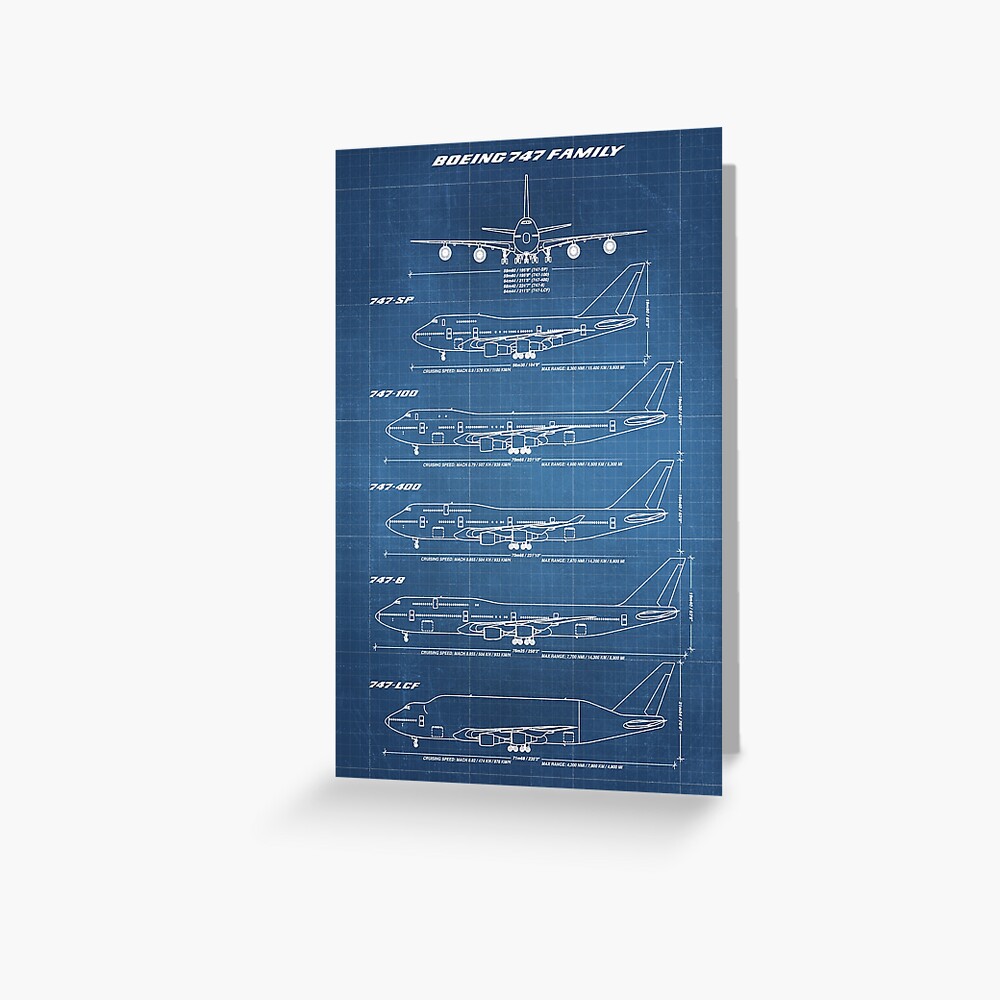 "Boeing 747 Family Blueprint (light blue)" Greeting Card for Sale by ...
