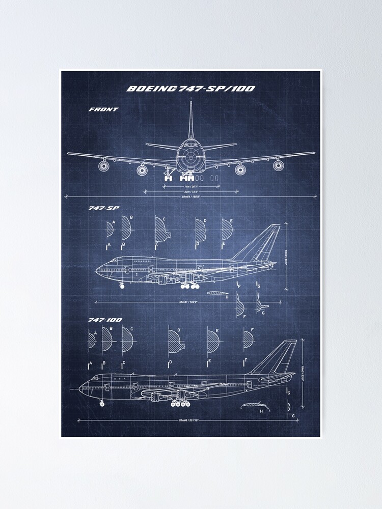 "Boeing 747-SP & 747-100 Concept Drawing (dark blueprint)" Poster for ...