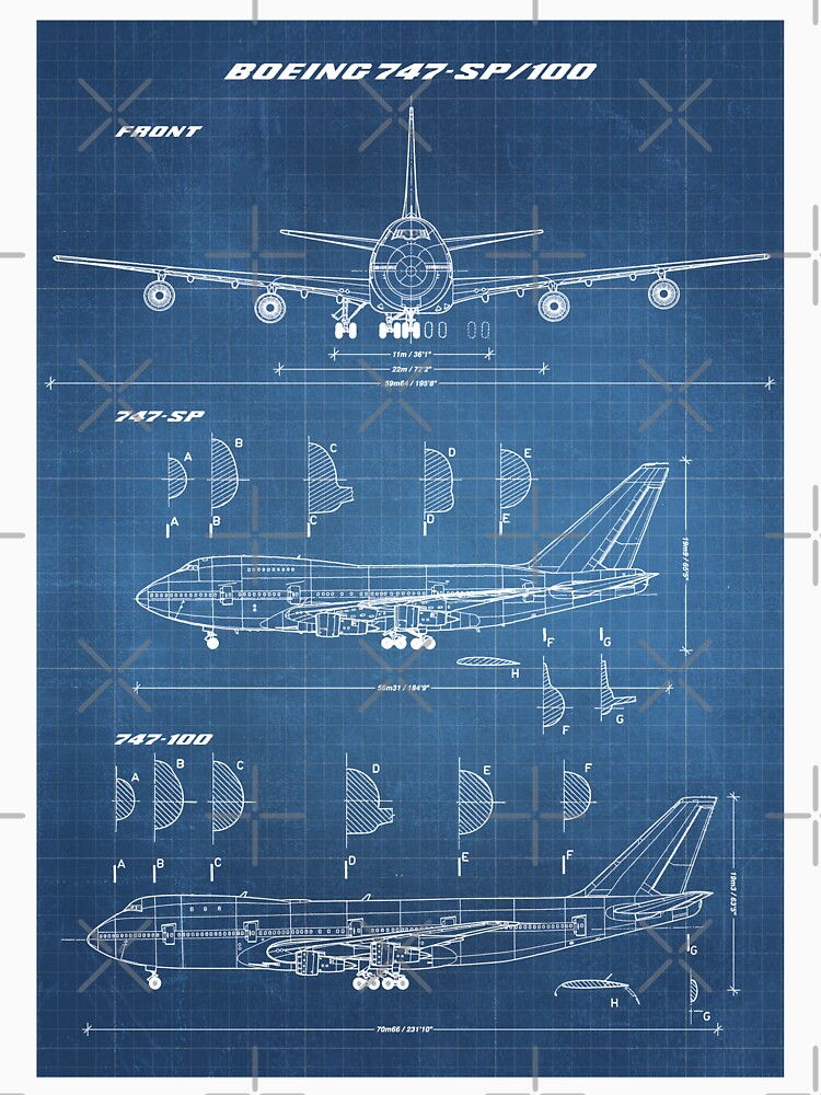 "Boeing 747-SP & 747-100 Concept Drawing (light blueprint)" T-shirt for ...